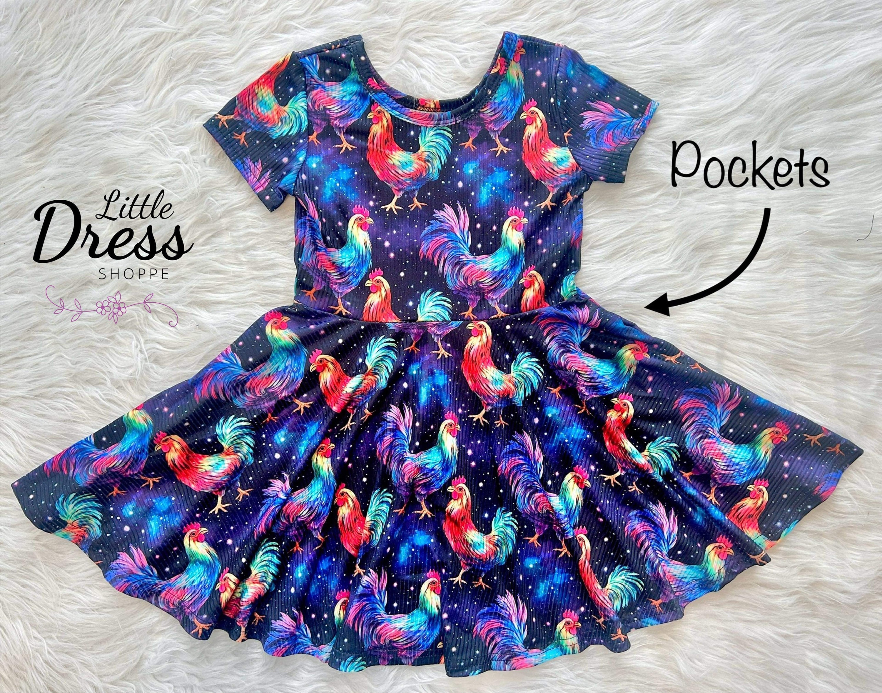 Rainbow Chickens Rooster Twirly Dress, Slinky, Girls, Pockets, Animal ...