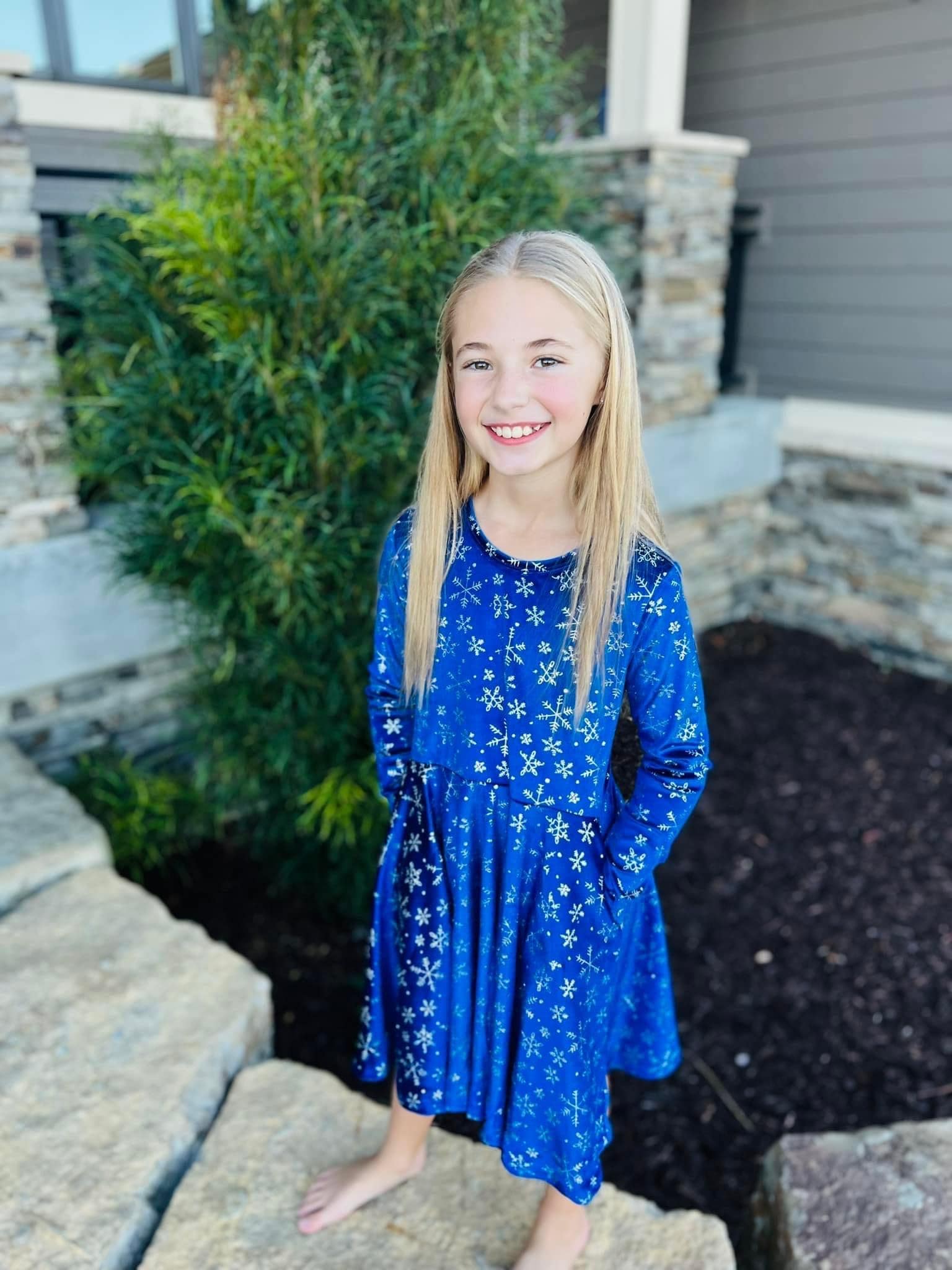 Velvet Blue Snowflake Long Sleeve Dress, Christmas, Winter, Pockets ...