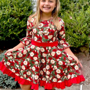 Christmas Rose Twirly Dress, Holiday, Green, Red, Pockets, Kids ...