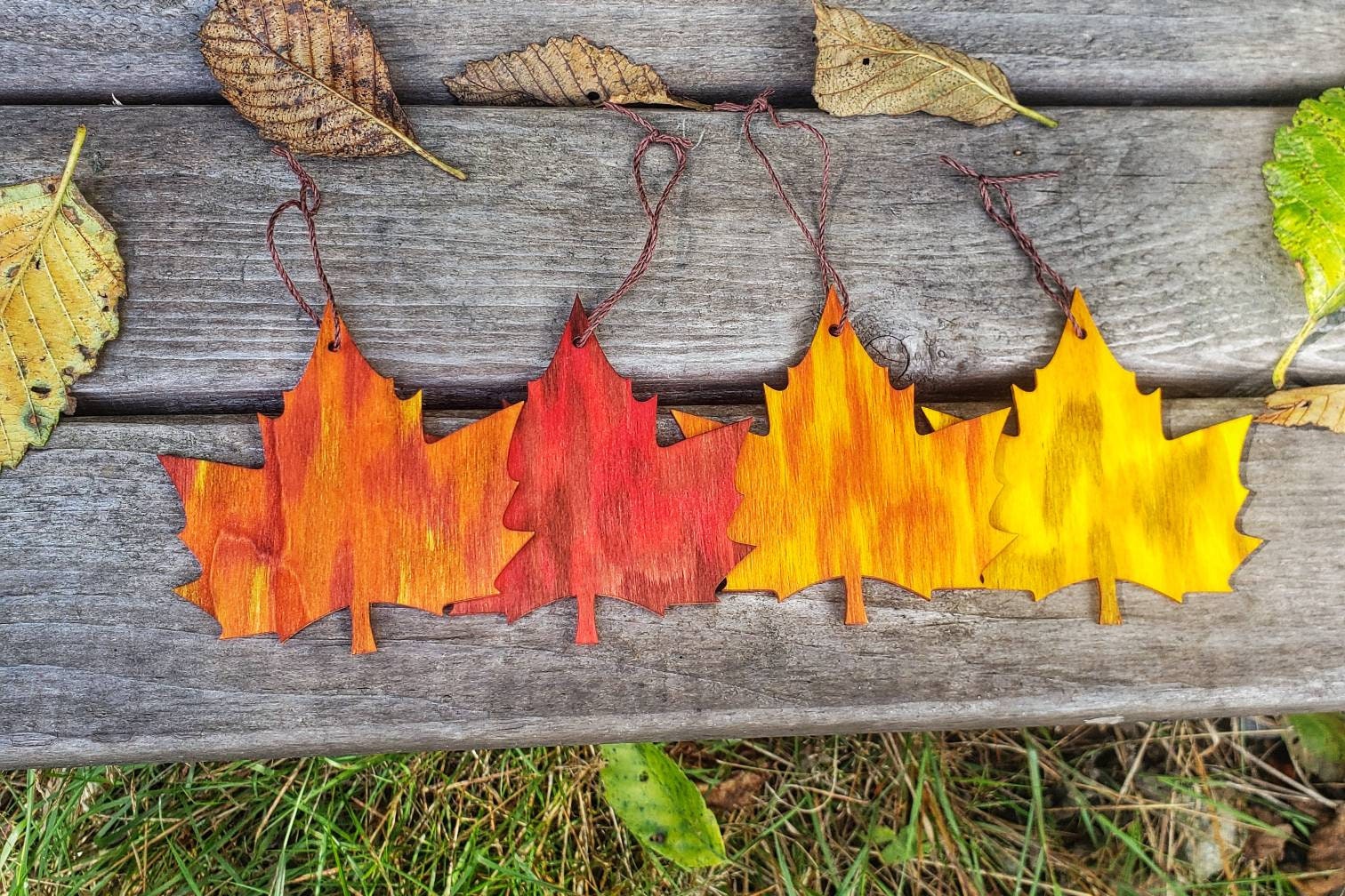 Set of 2 Wood Fall Leaf Ornaments, Stained Wooden Autumn Leaves. - Etsy