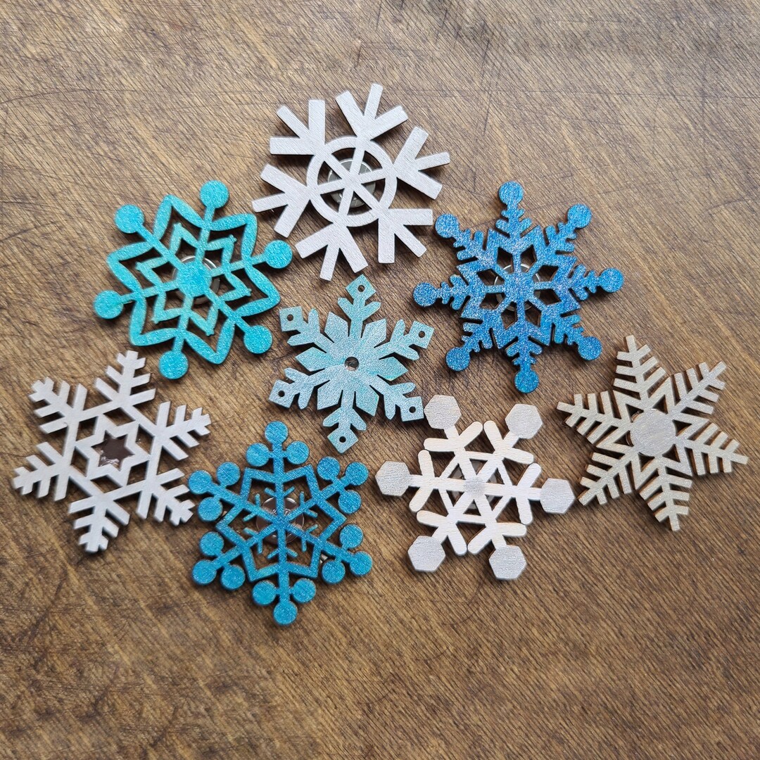 Snowflake Magnets Set, Painted Wood Snow Flakes, Sparkly Winter Fridge ...