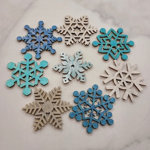 Snowflake Magnets Set, Painted Wood Snow Flakes, Sparkly Winter Fridge ...