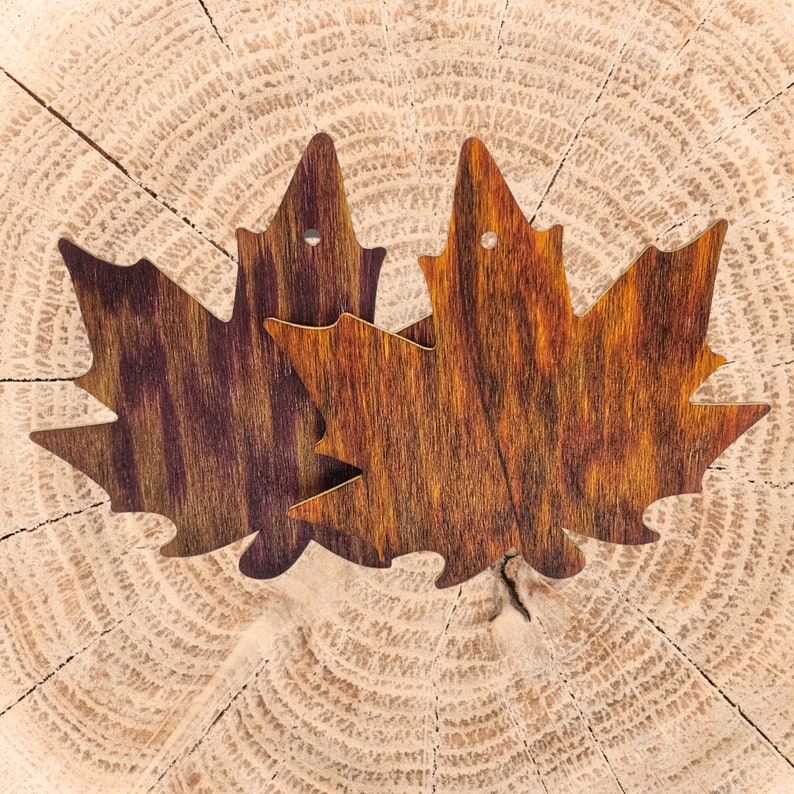 Set of 2 Wood Fall Leaf Ornaments, Stained Wooden Autumn Leaves. - Etsy
