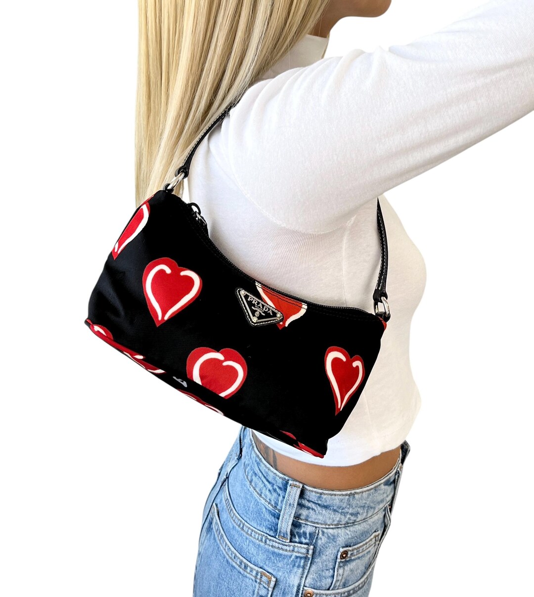 PRADA Vintage Logo Heart Pattern Shoulder Bag Pochette Black Red Nylon ...