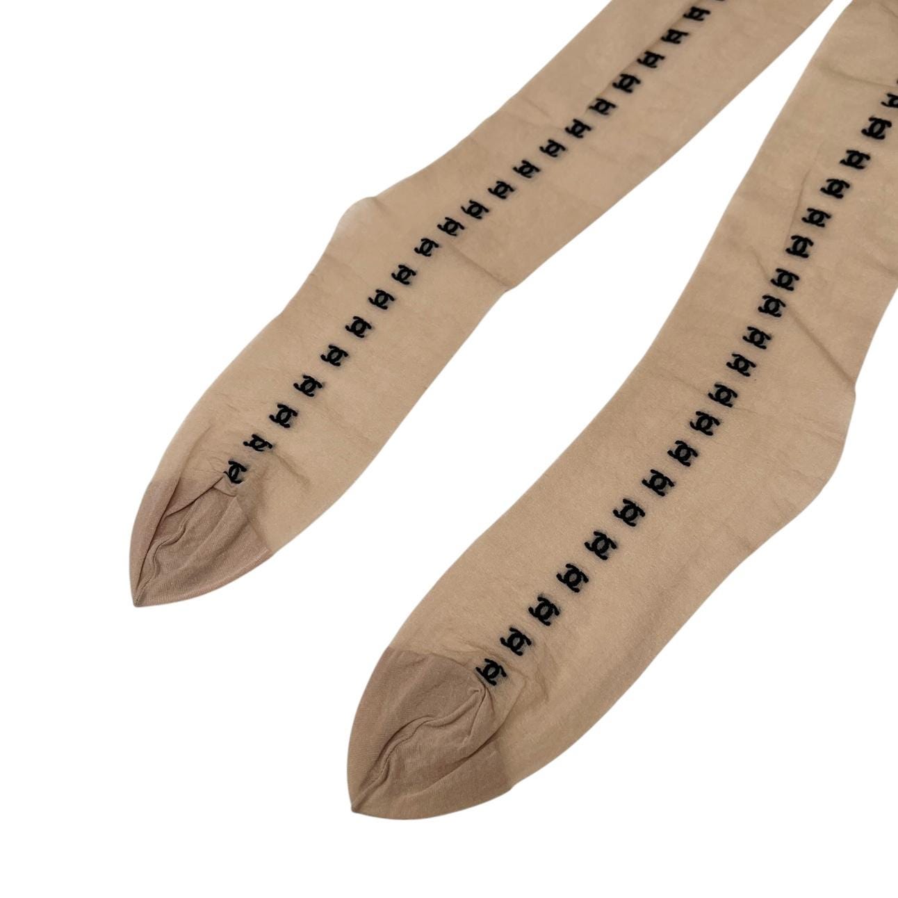 CHANEL Vintage 01P CC Mark Logo Pantyhose Stocking Tights 3 Beige Black ...