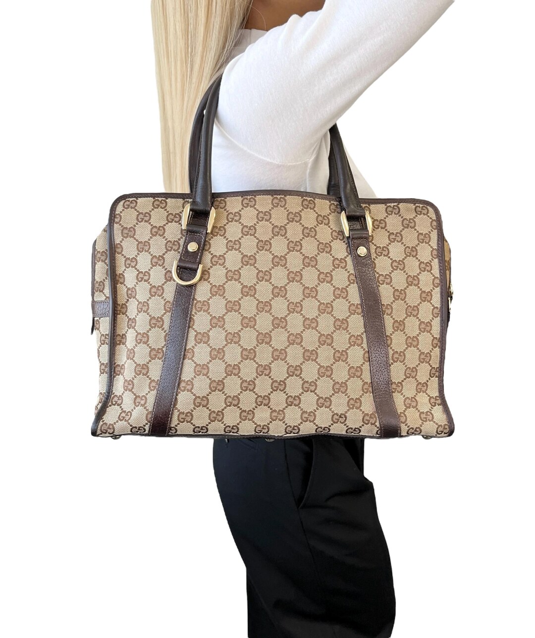 GUCCI Vintage GG Monogram Logo Shoulder Tote Bag Beige Brown Zip Canvas ...
