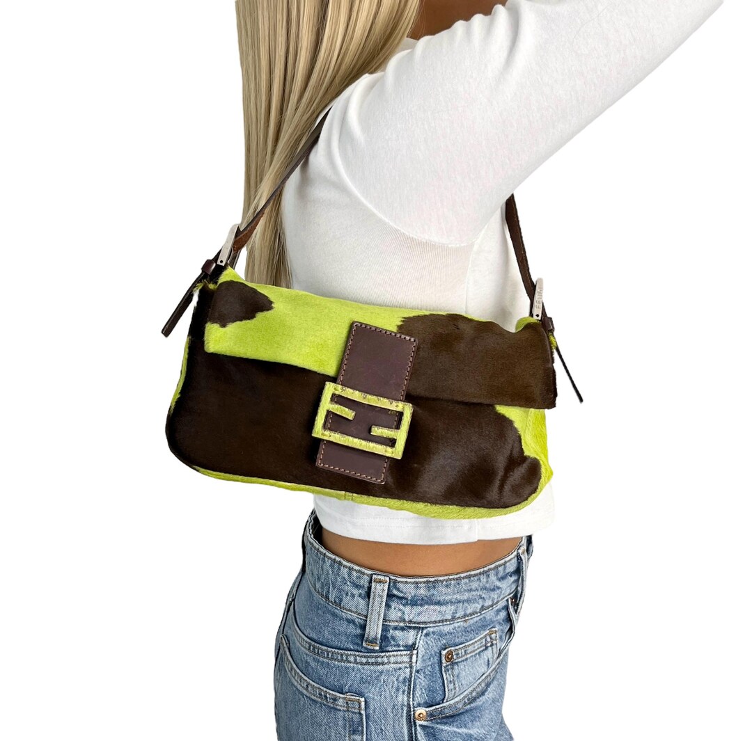 FENDI Vintage Logo Mamma Baguette Shoulder Bag Green Brown Calf Hair ...