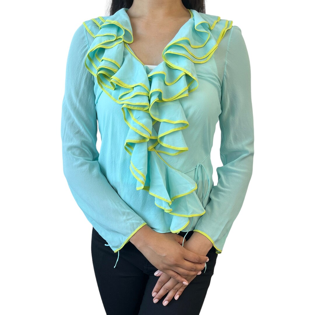 Christian Dior Vintage Frill Top Blouse 36 Strings Silk Light Blue Rank ...
