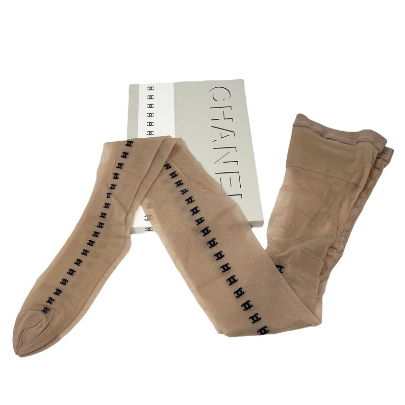CHANEL Vintage 01P CC Mark Logo Pantyhose Stocking Tights 3 Beige Black ...