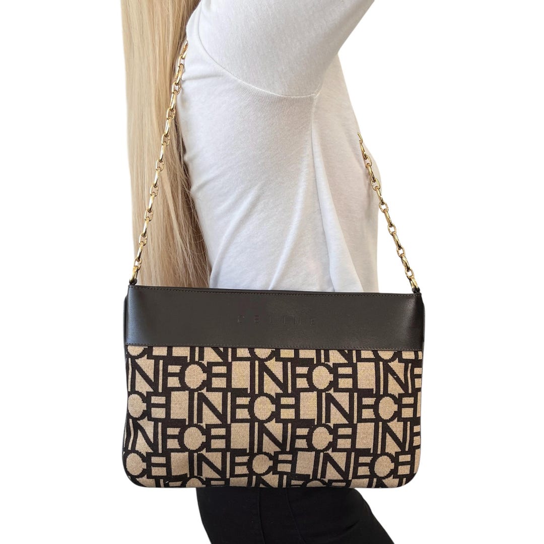 CELINE Vintage Macadam Logo Chain Shoulder Bag Brown Gold Wool Leather ...