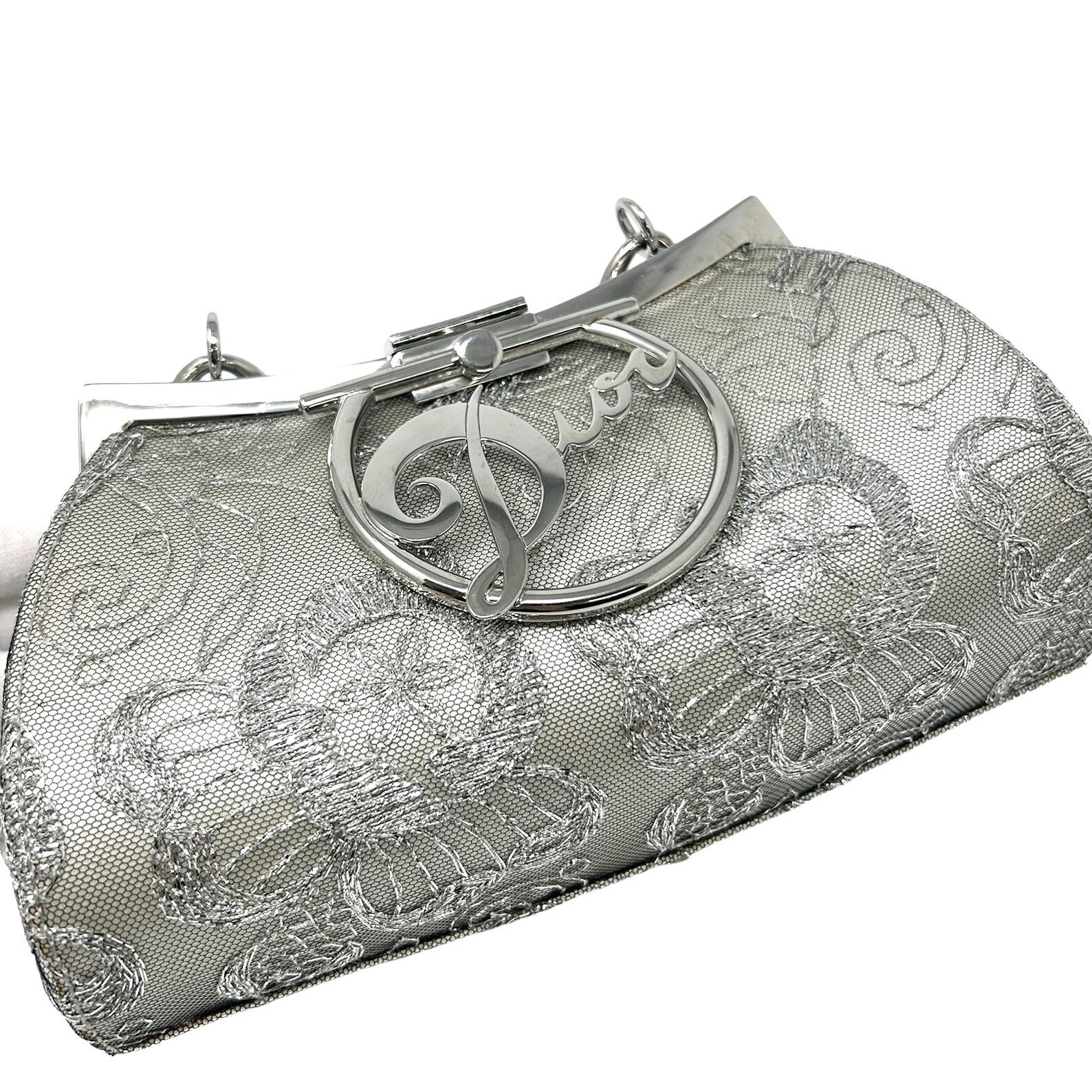 Christian Dior Vintage Logo Diva Bag Pochette Silver Silk Leather Rank ...