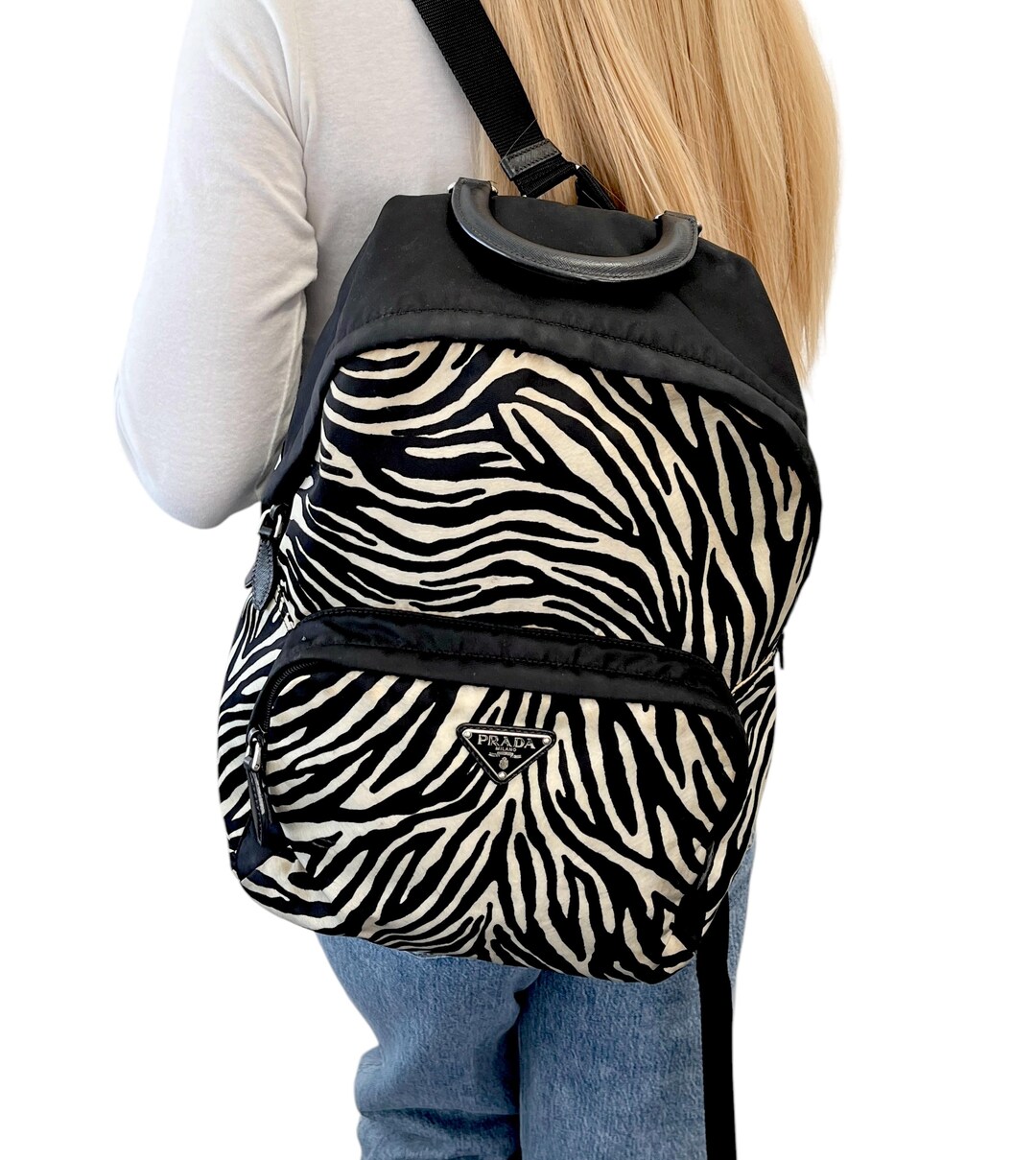 PRADA Vintage Logo Zebra Backpack Zip Mesh Black White Nylon Leather - Etsy
