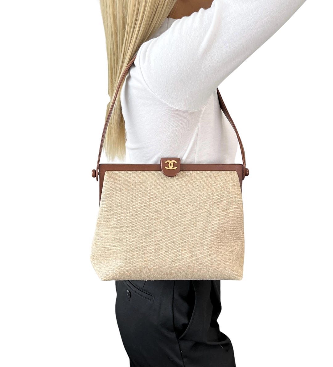 CHANEL Vintage CC Mark Logo Shoulder Bag Brown Beige Canvas Leather ...