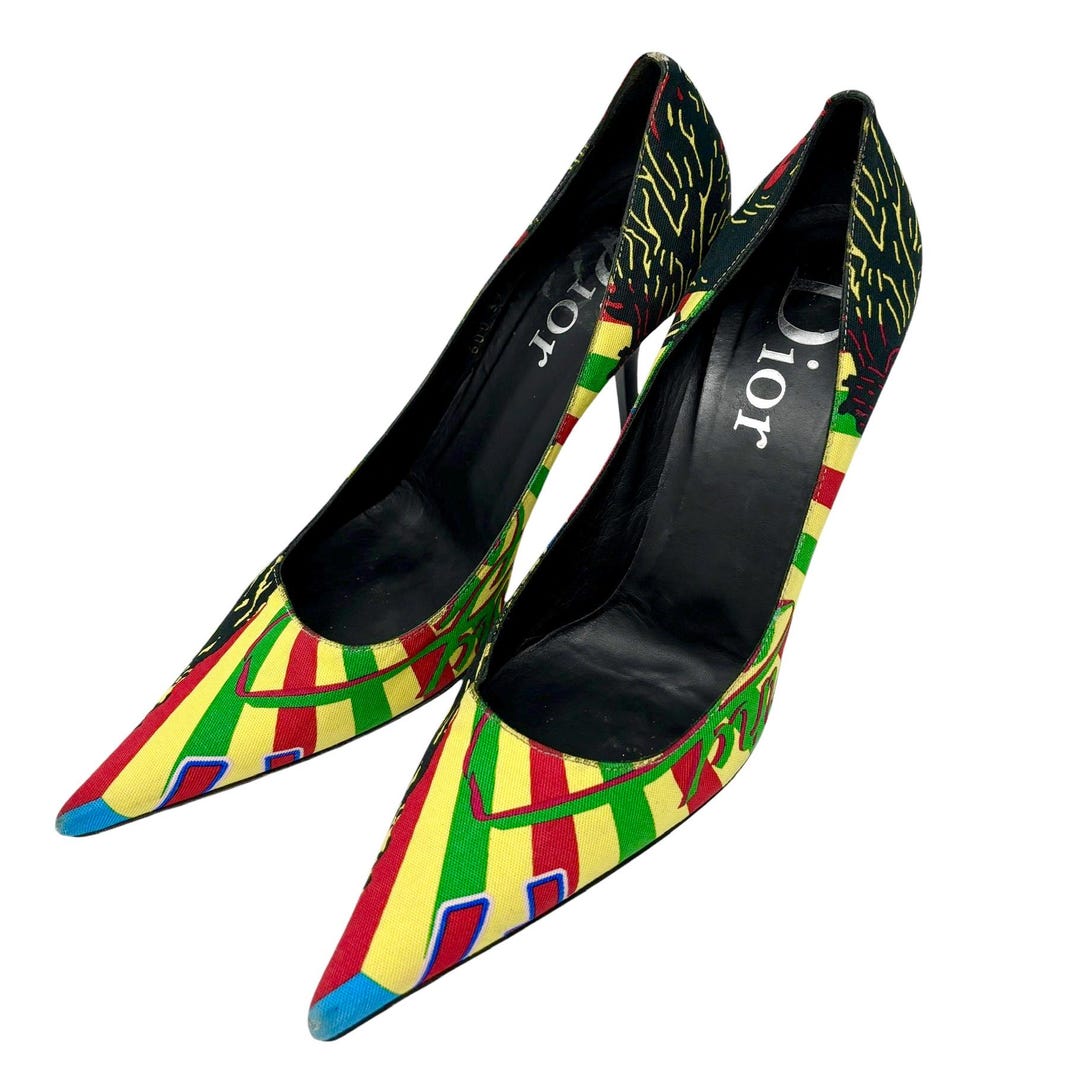 Dior Vintage 2004 Rasta Mania Pumps Heels 39.5 US 9.5 Multicolor Cotton ...