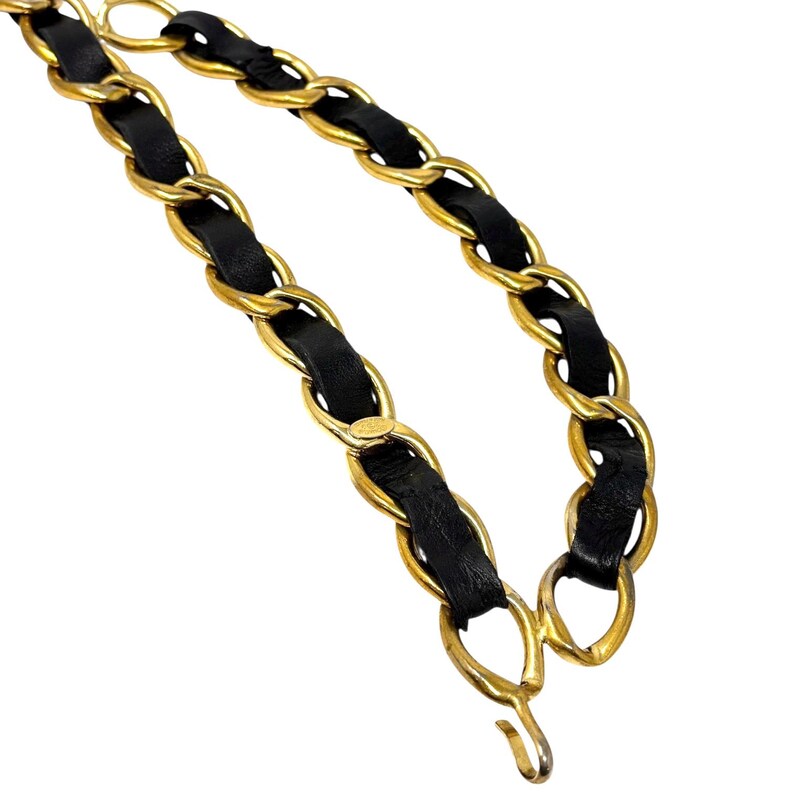 CHANEL Vintage CC Mark Logo Chain Belt Accessory Gold Black Leather ...
