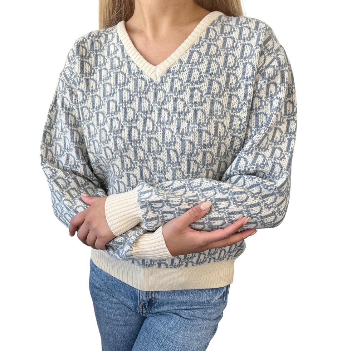 Christian Dior Vintage Trotter Monogram Knit Sweater #M Top Cream Blue ...