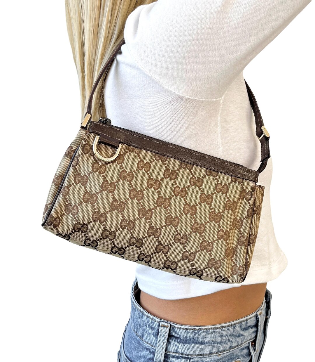 GUCCI Vintage GG Monogram Logo Shoulder Bag Pochette Canvas Leather ...