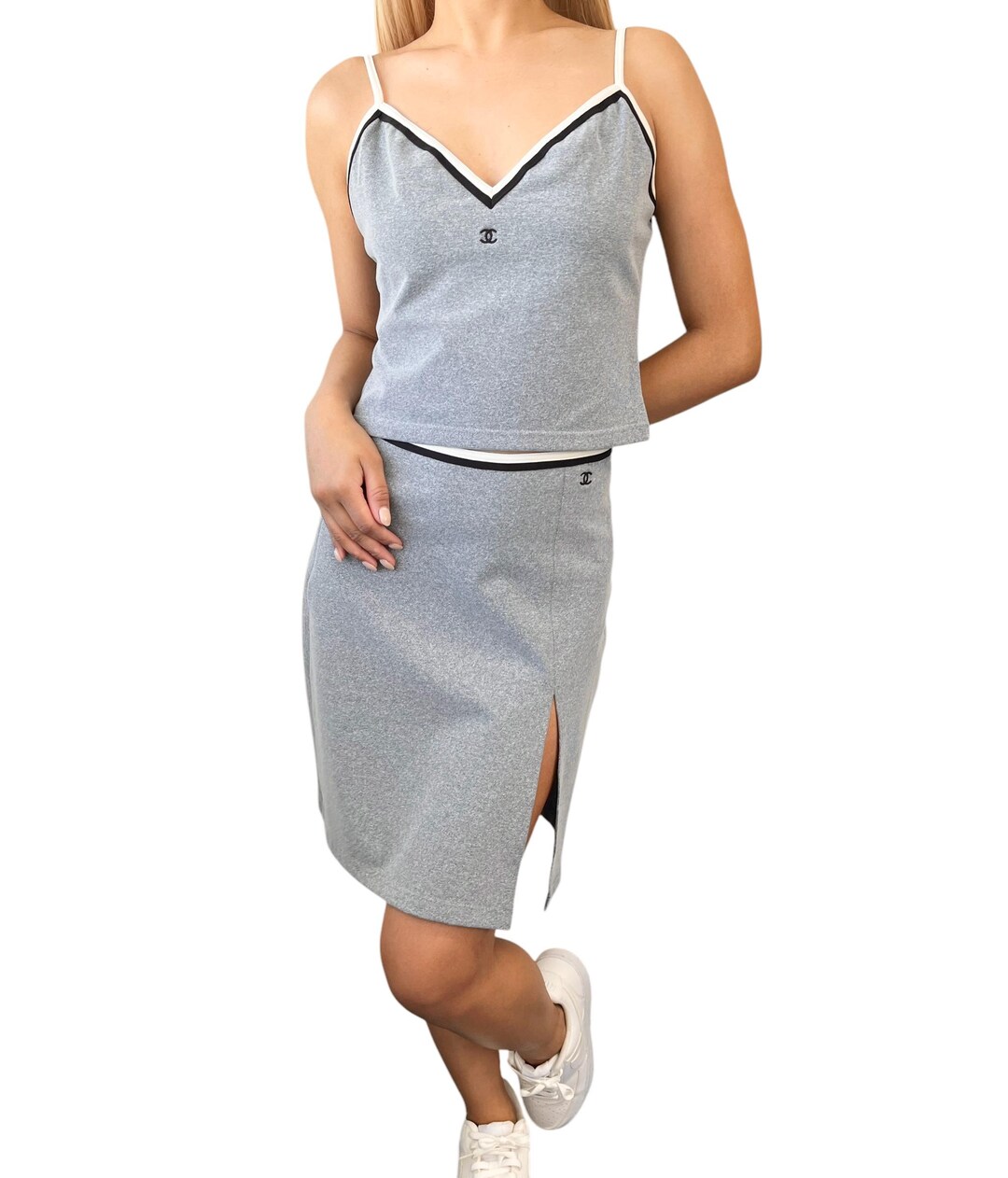 CHANEL Vintage 98P CC Logo Camisole Skirt Set #38 Separate Gray White ...