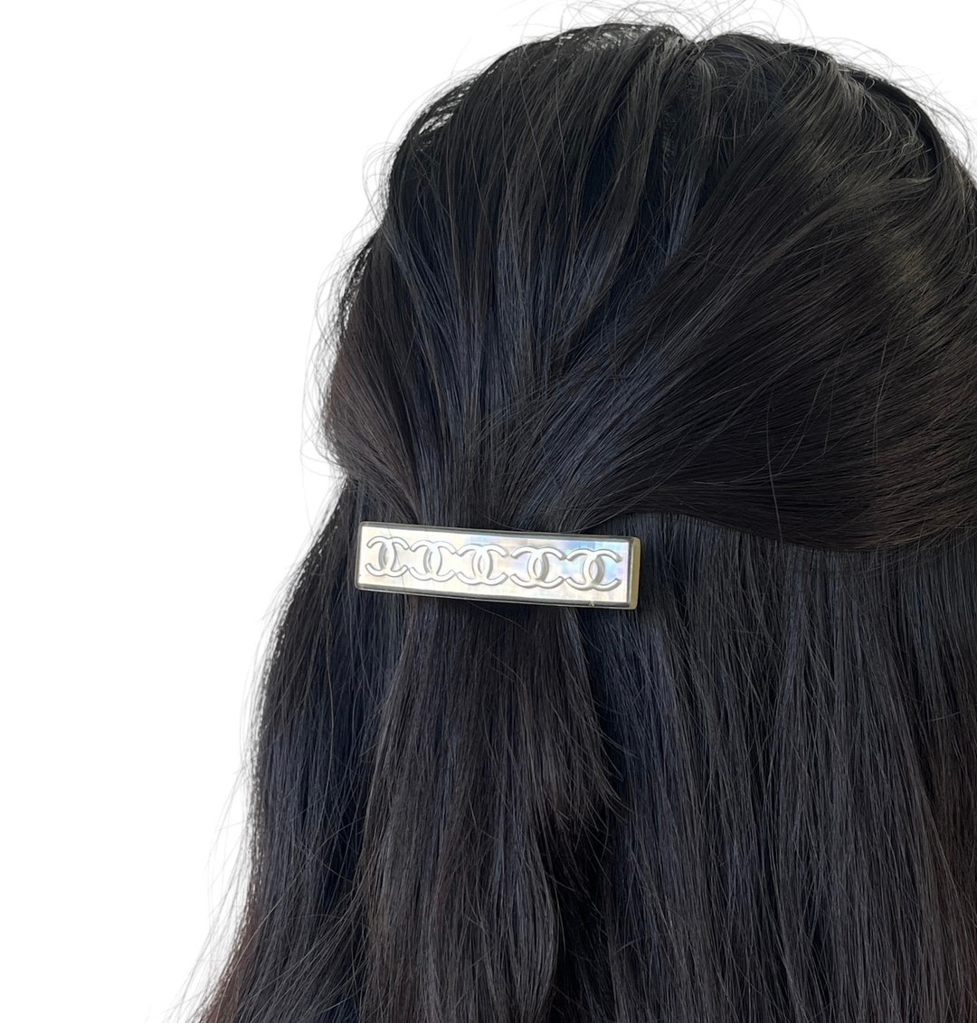 CHANEL Vintage 97P CC Logo Barrette Hair Accessory Silver Platic Metal ...