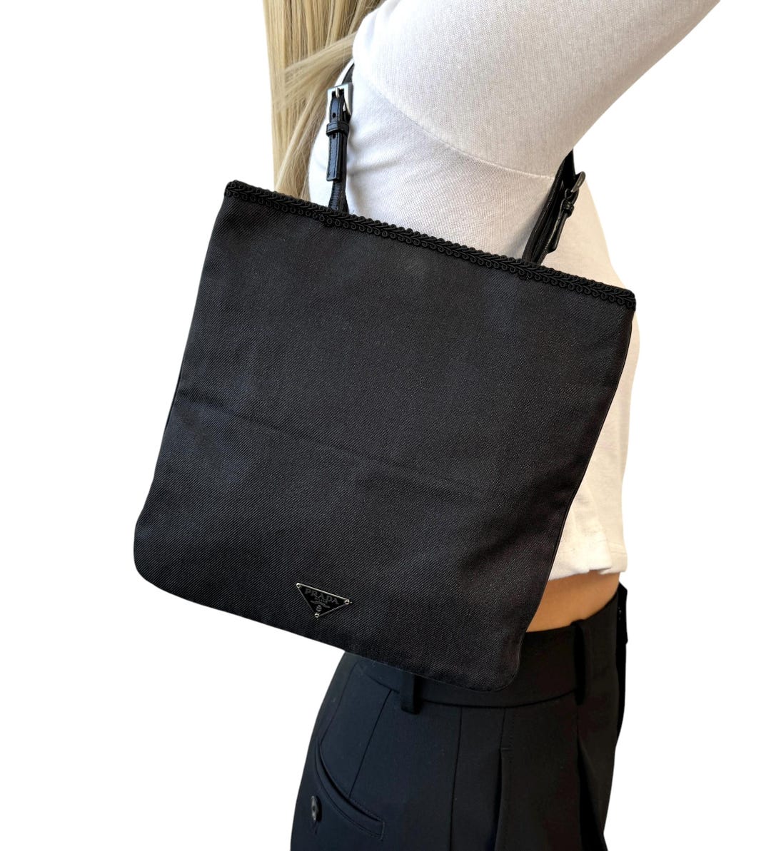 PRADA Vintage Logo Beads Mini Shoulder Bag Black Denim Nylon Snap ...