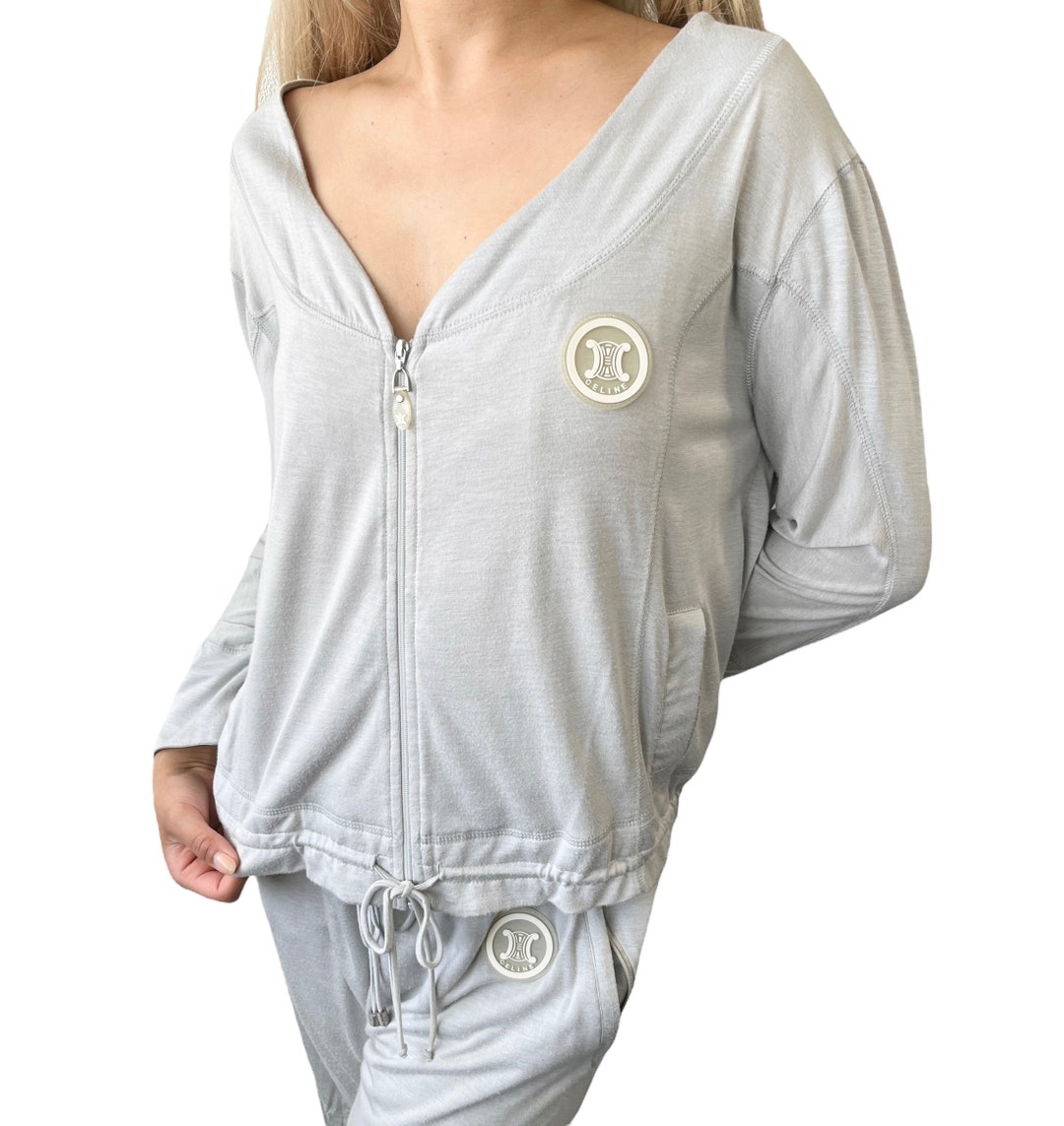 CELINE Vintage Track Suits Set #S #L Jersey Top Pants Logo Rayon Gray ...