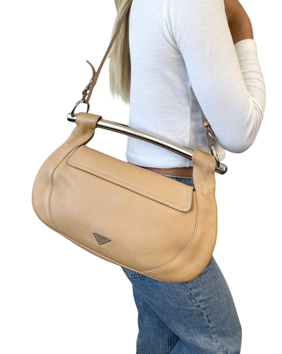 PRADA Vintage Logo Shoulder Bag Beige Silver Leather Metal Magnet - Etsy