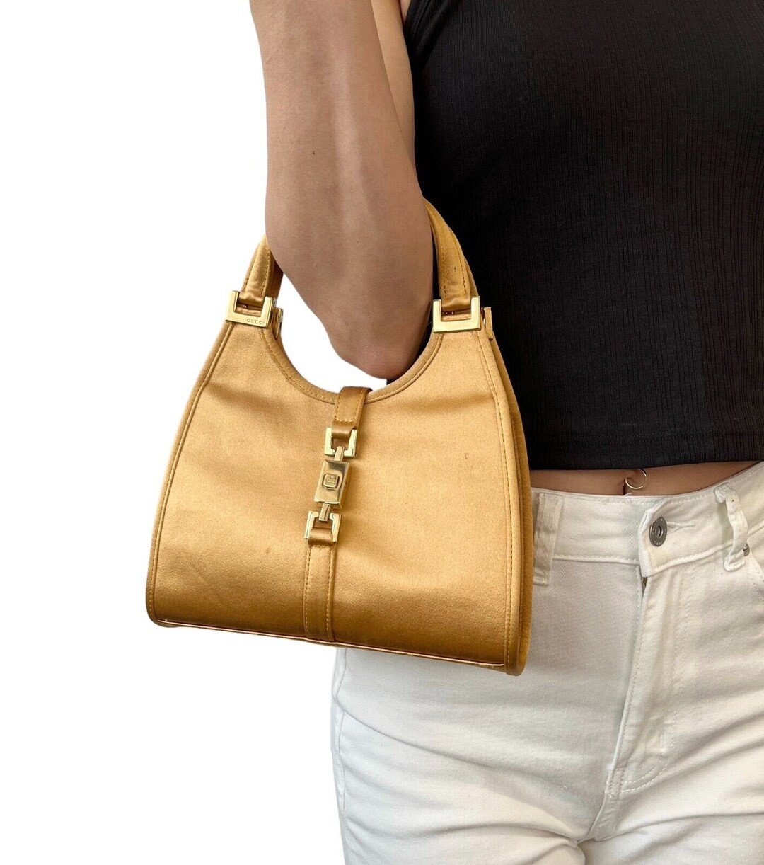 GUCCI Vintage Logo Jackie Mini Top Handle Bag Pochette Gold Satin Rank ...