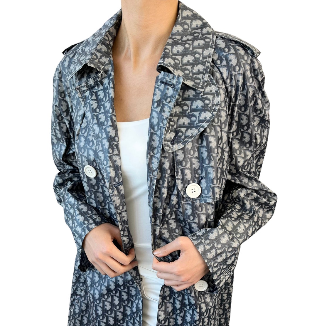 Christian Dior Vintage Trotter Monogram Trench Coat M Polyester Blue ...