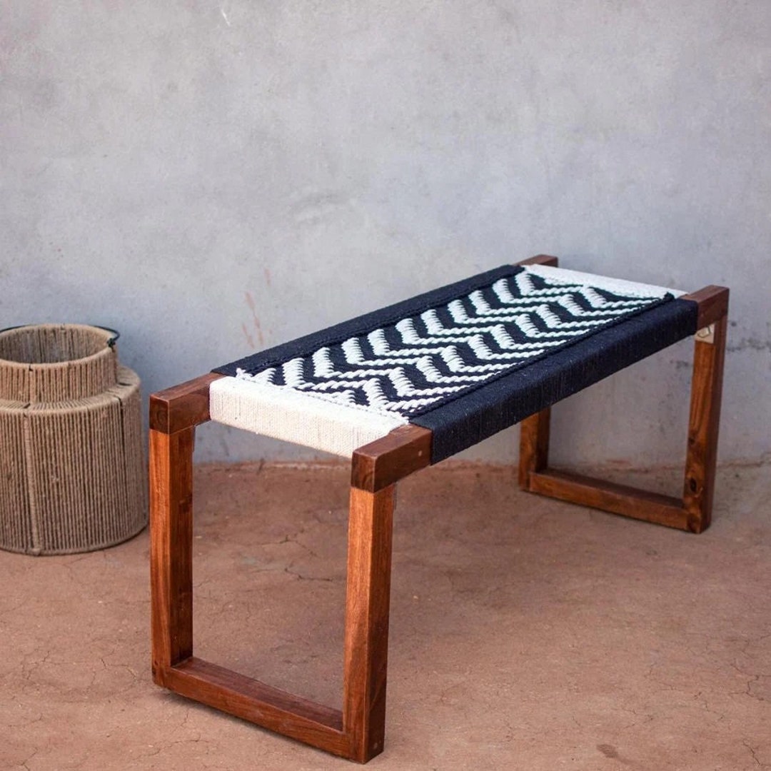 Entryway Bench Wooden Bench With Woven Rope Indian Weaving Style ...