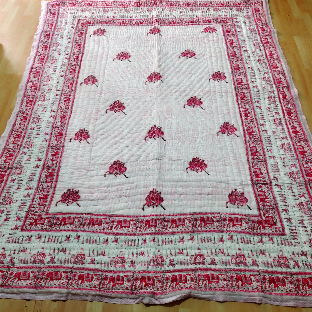 Red Camel Block Print Quilt | Reversible Cotton Jaipuri Razai Boho ...