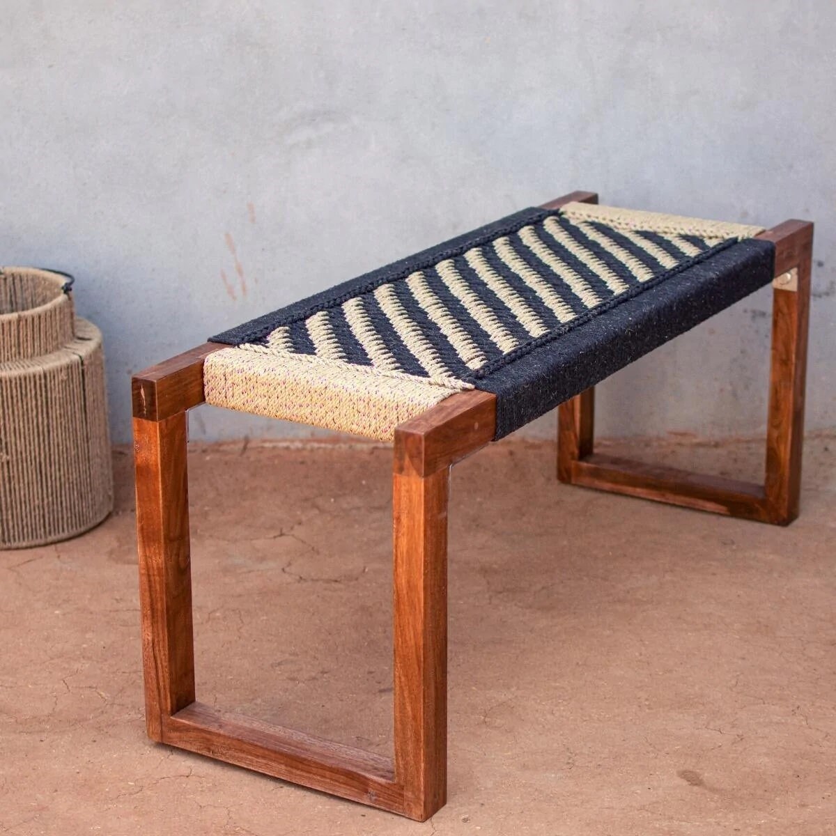 Narrow Bench Tinblin Solid Oak Wood Bench With Handwoven Cotton Rope ...