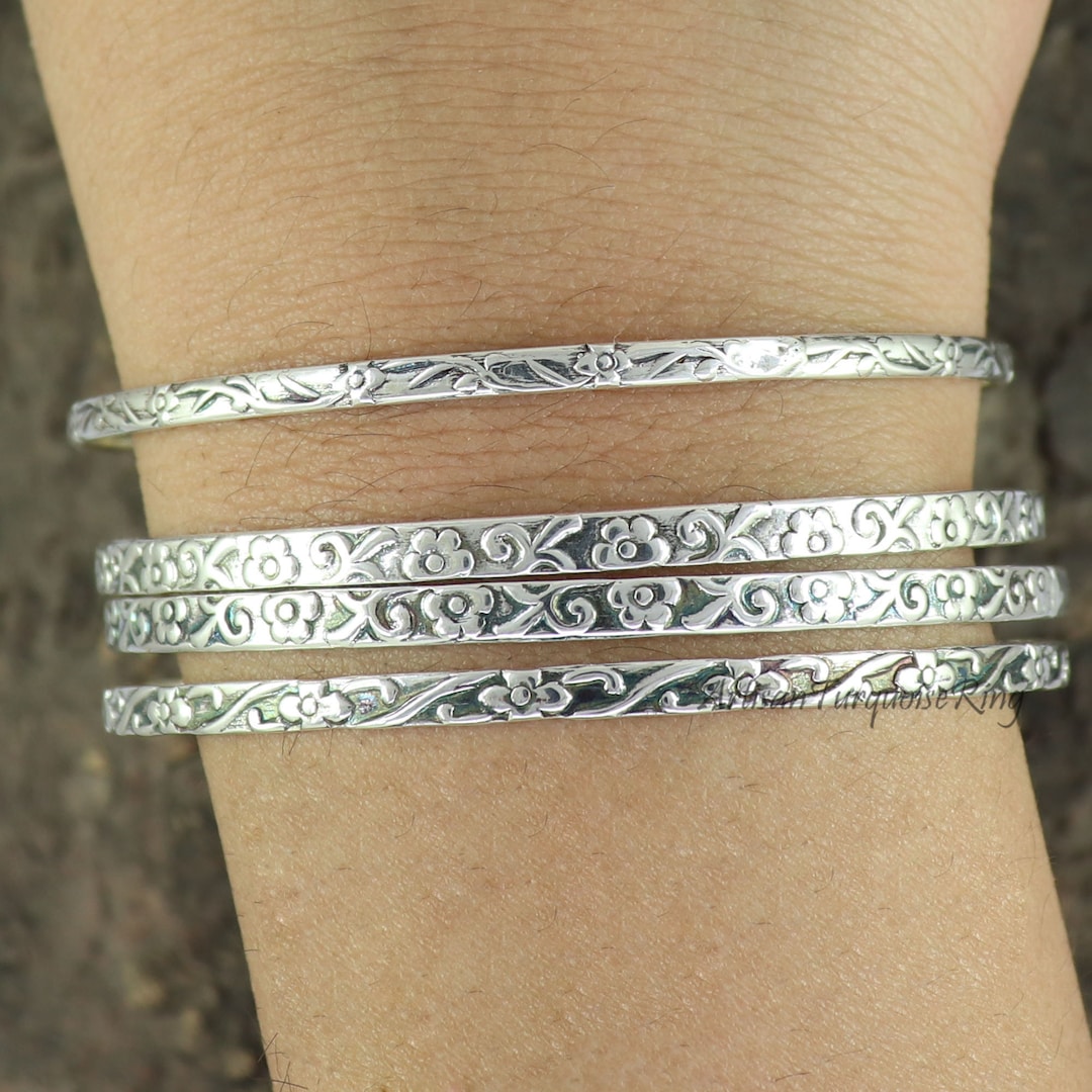 Flower Textured Spinner Bangel, Sterling Silver Bangle, Women Bangle, 4 ...