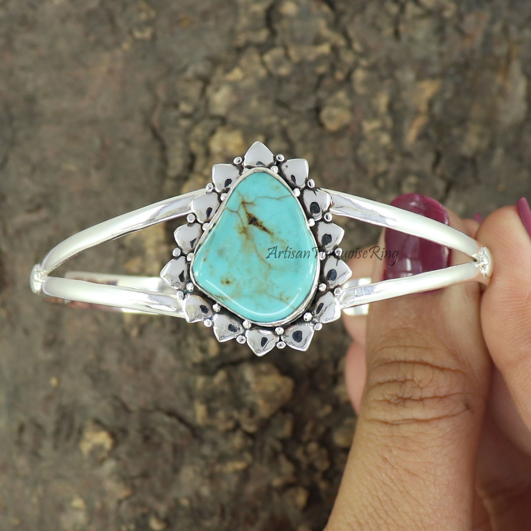 Sterling Silver Turquoise Bangle: Adjustable Boho Bracelet - Etsy