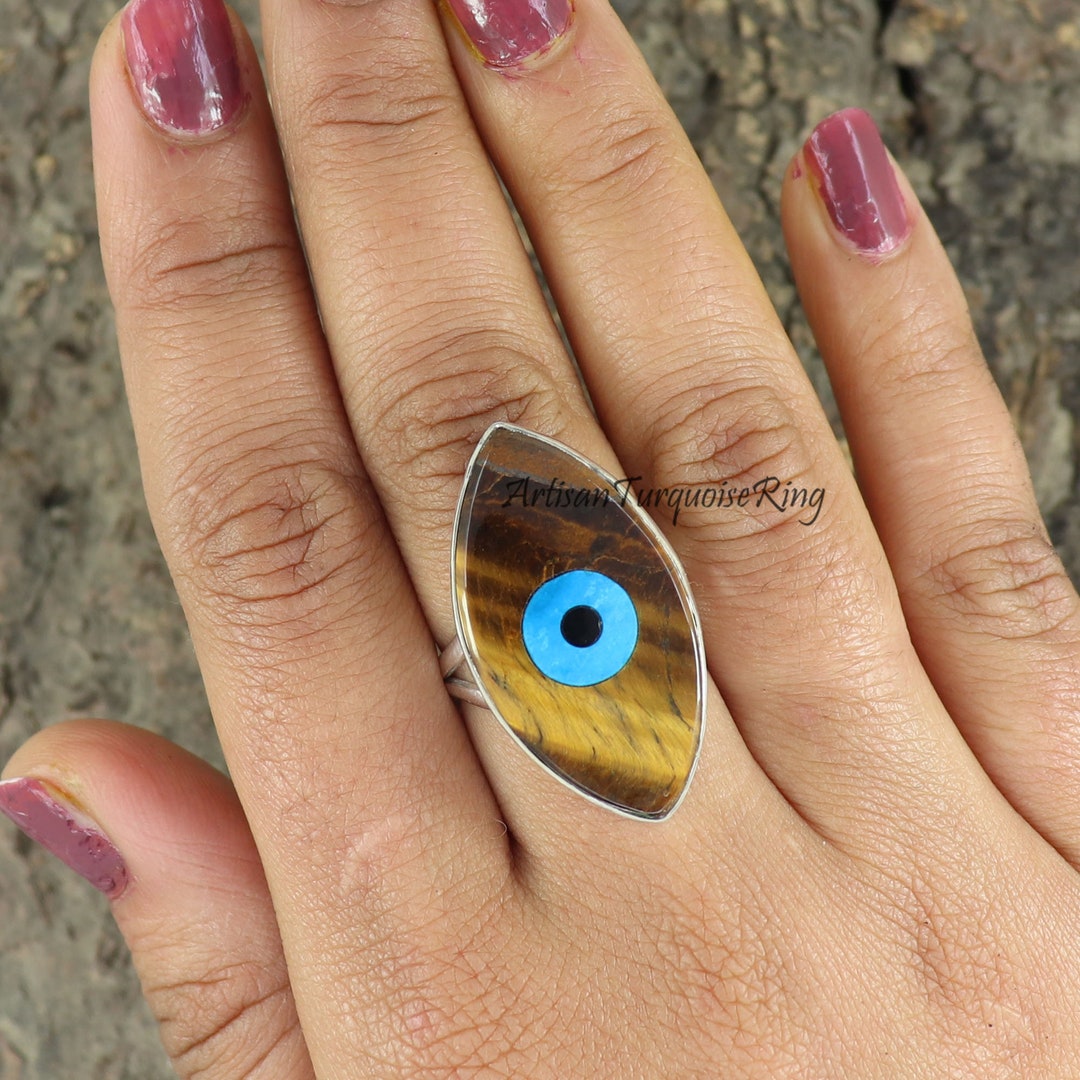 Handmade Sterling Silver Tiger Eye Evil Eye Statement Ring - Etsy UK