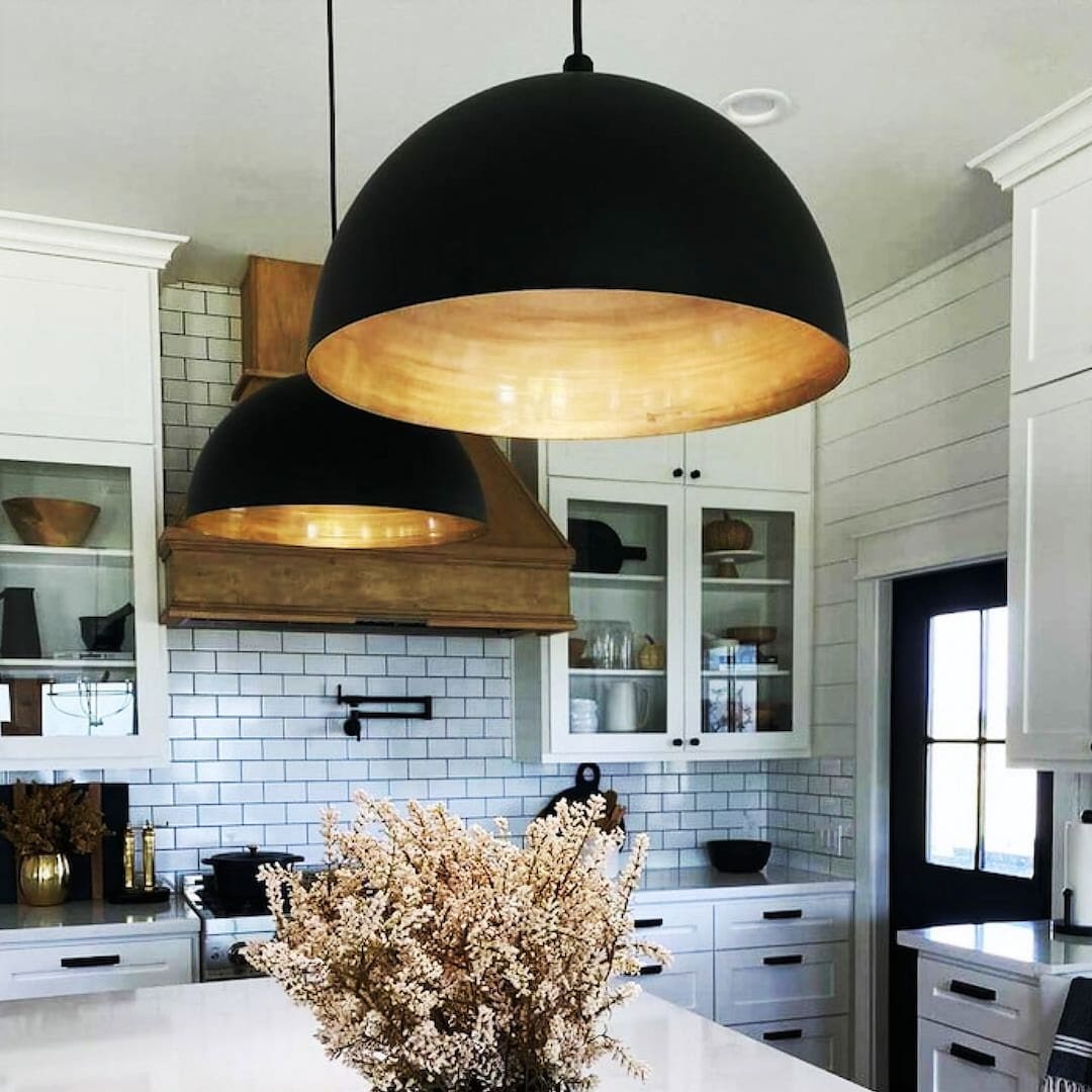 Dome Pendant Light Black With Brass or White Inlay, Large Black Bowl ...