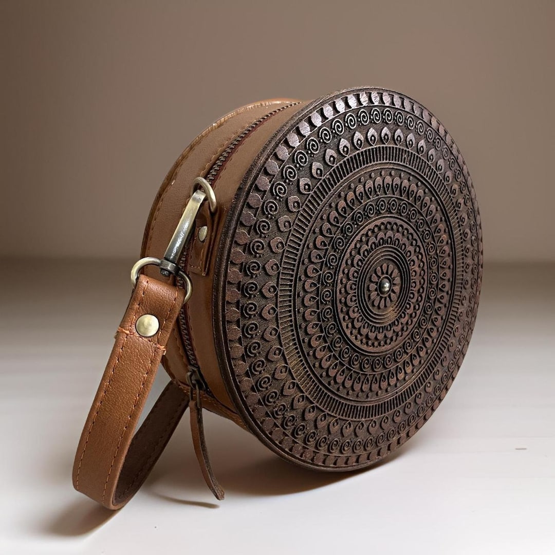 Handmade Carved Wood Crossbody Bag: Round Leather Strap Shoulder Bag - Etsy