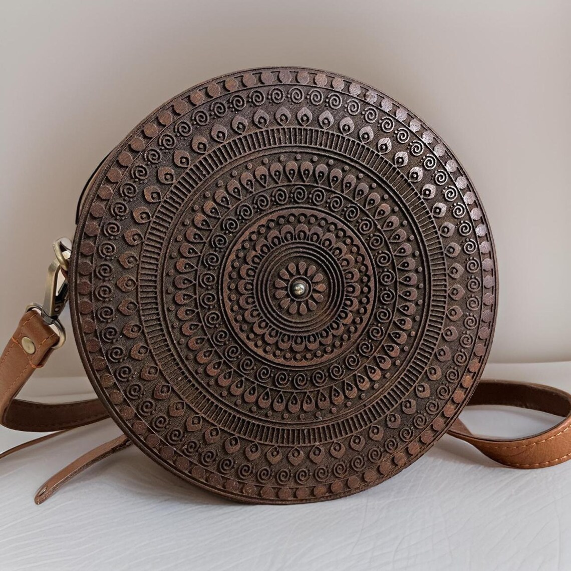 Handmade Carved Wood Crossbody Bag: Round Leather Strap Shoulder Bag - Etsy
