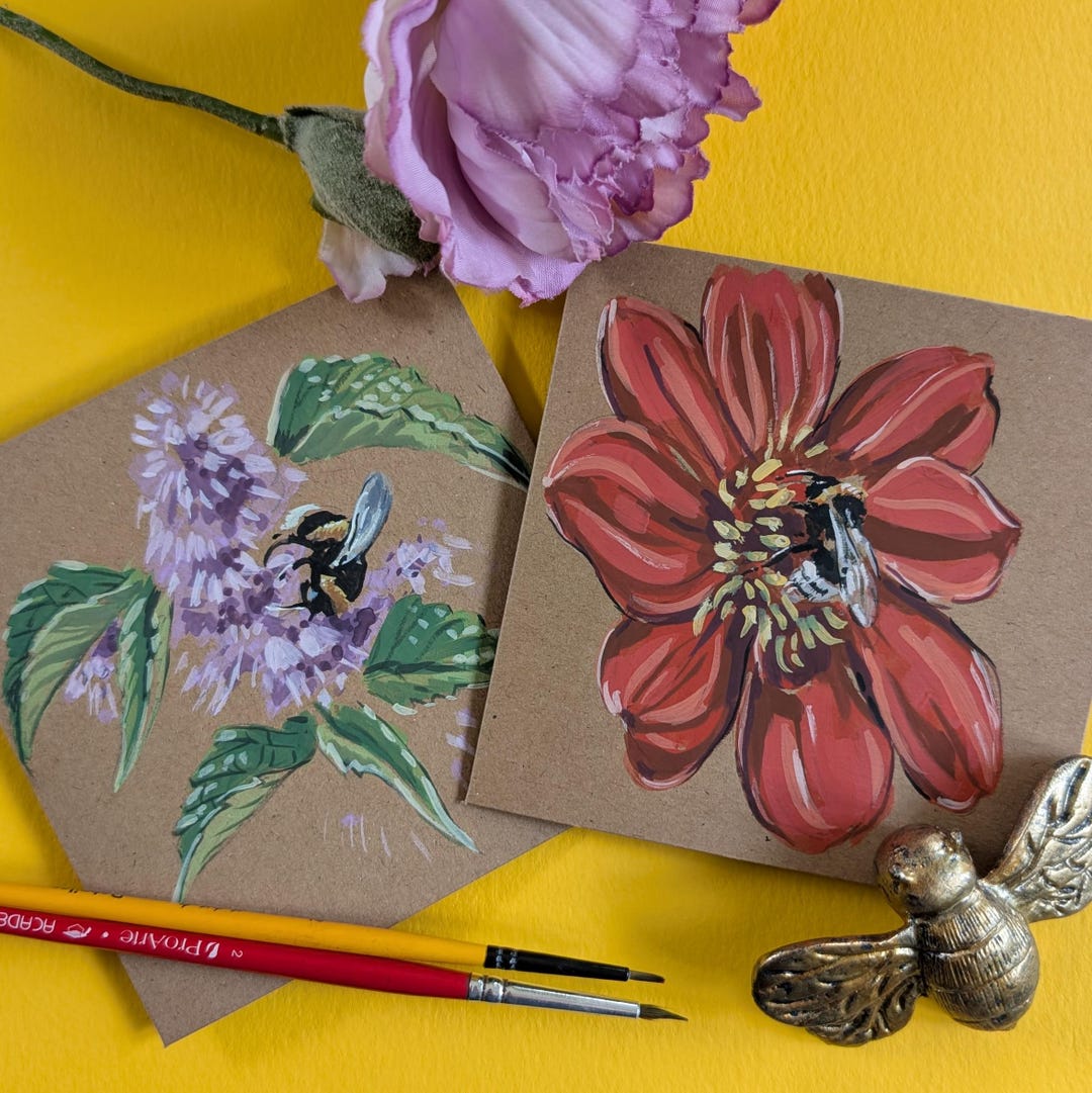 Hand Painted Bumblebee & Flower Art Card: Original Gouache Illustration ...