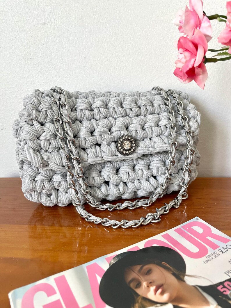 Handmade Gray Crochet Bag With Classic Chain-style Strap | Elegant ...