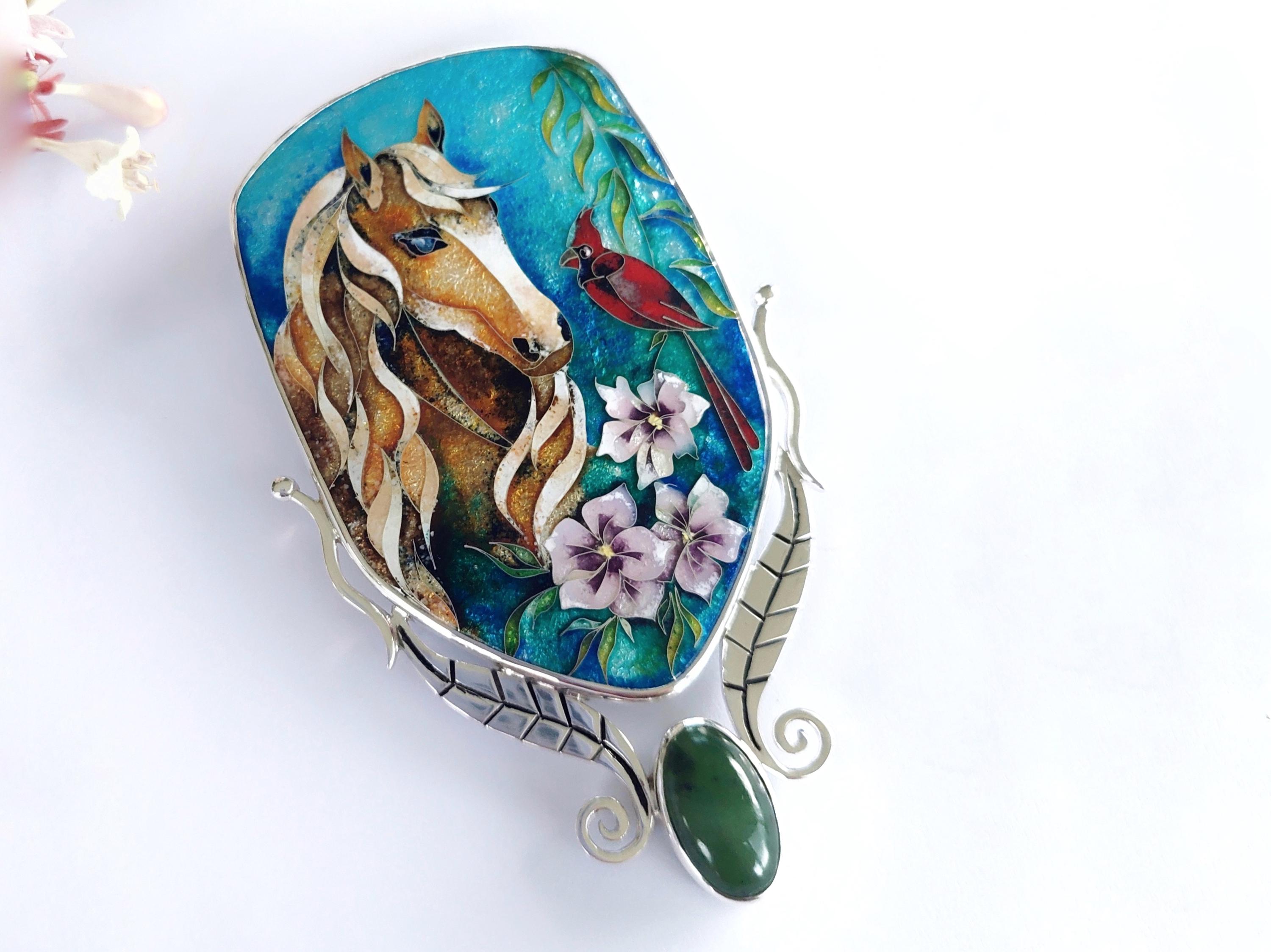 Horse With Cardinal Bird and Hibiscus Flower, Jade Stone, and Silver ...