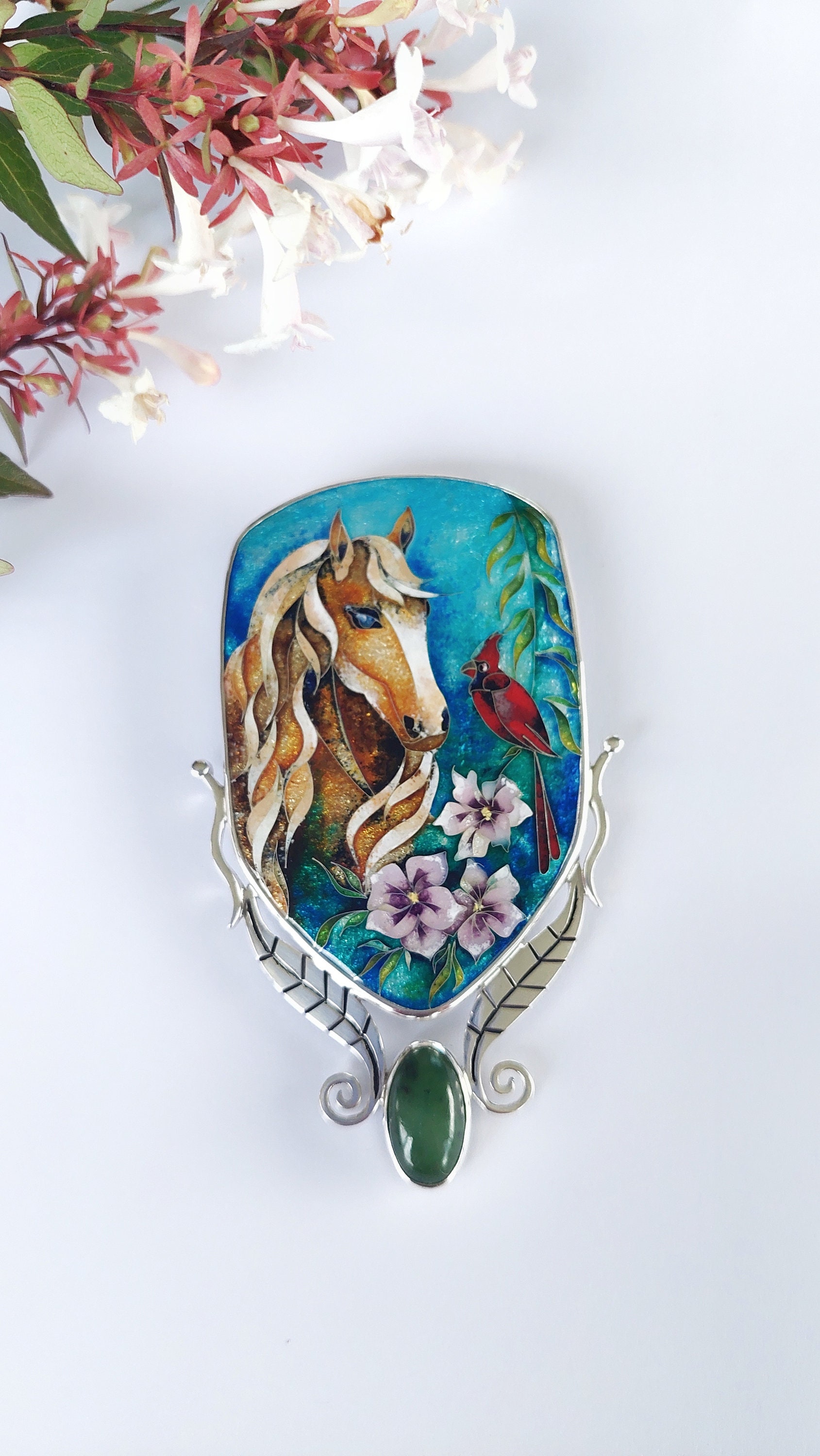 Horse With Cardinal Bird and Hibiscus Flower, Jade Stone, and Silver ...
