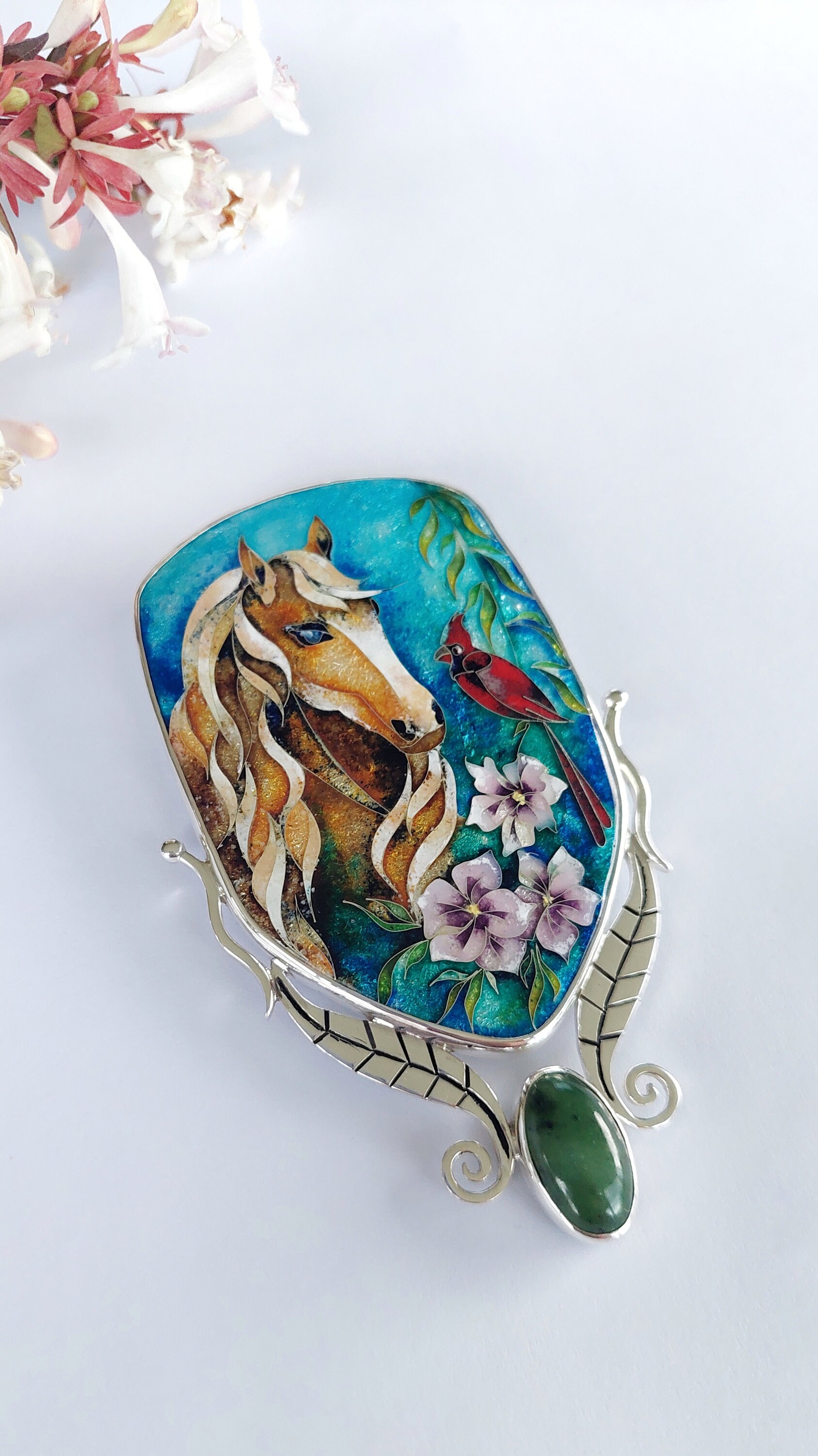 Horse With Cardinal Bird and Hibiscus Flower, Jade Stone, and Silver ...