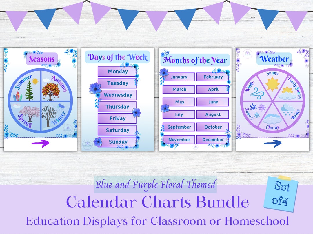 Blue and Purple Floral Calendar Charts Bundle for Classroom And/or ...