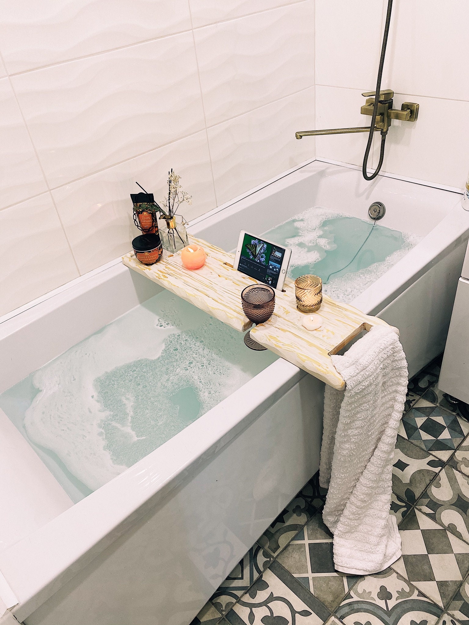 Wooden Bath Caddy, Bathtub Tray, Farmhouse Bath Caddy, Rustic Bath ...