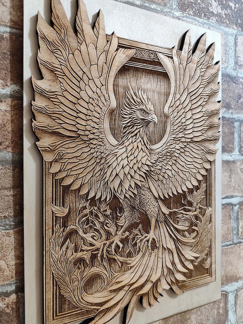 Wood Laser Engraving Phoenix Wall Hanging, Firebird Fantasy ...