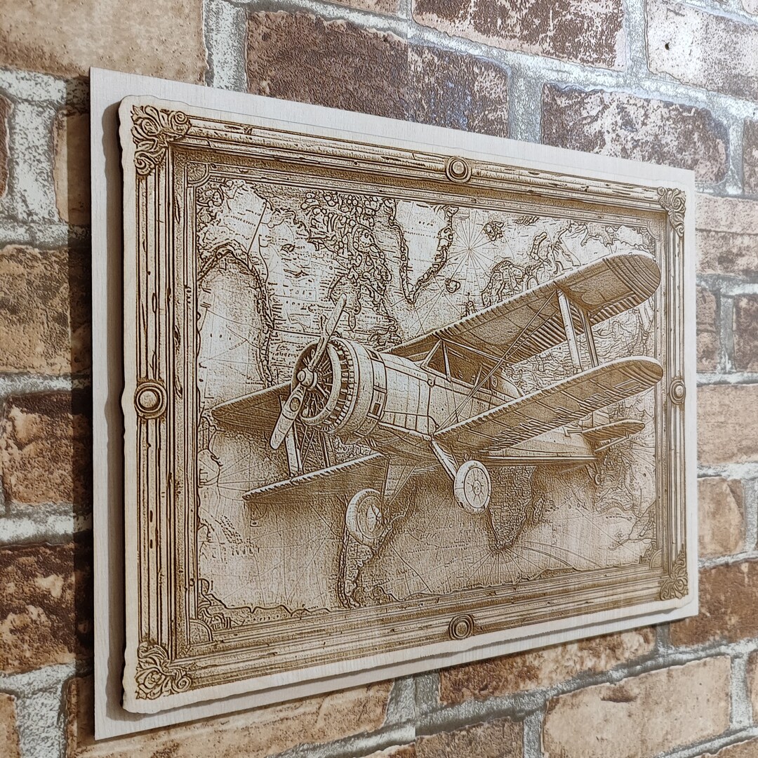 Biplane Wall Art, Aviation Decor, Laser Engraved Wood Airplane Theme ...