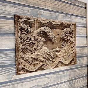 The Great Wave, 3D Illusion Wood Laser Engraving Japanese Wall Art - Etsy