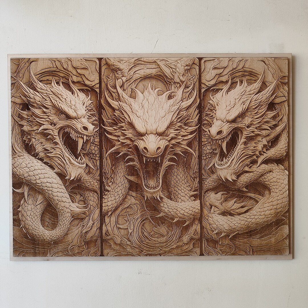 Dragons Heads Wall Art, 3D Illusion Wood Burning Art, Laser Engraved ...