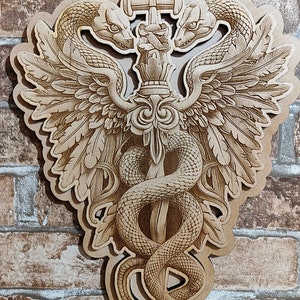 Caduceus, Hermes Symbol, Greek Mythology Wood Laser Engraving Wall Sign ...