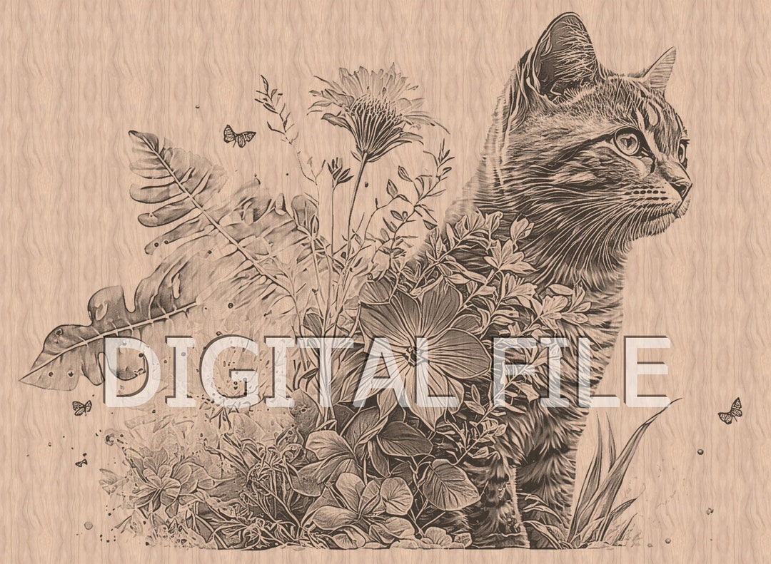 Laser Engraving Files, Cat, Flowers, 3D Illusion, Wood Engraving ...